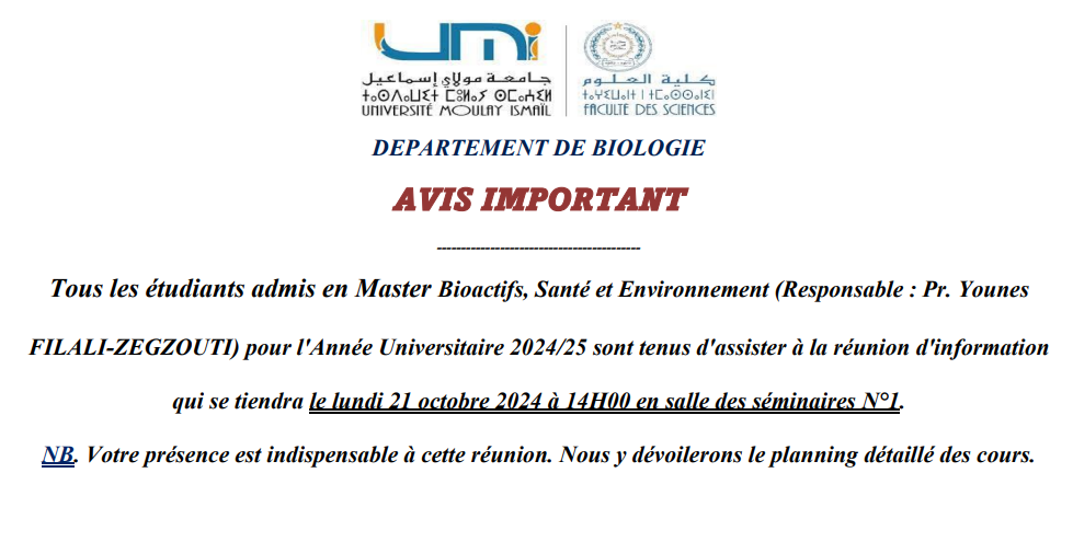 AVIS IMPORTANT – Master Bioactifs, Santé et Environnement - Faculté des ...